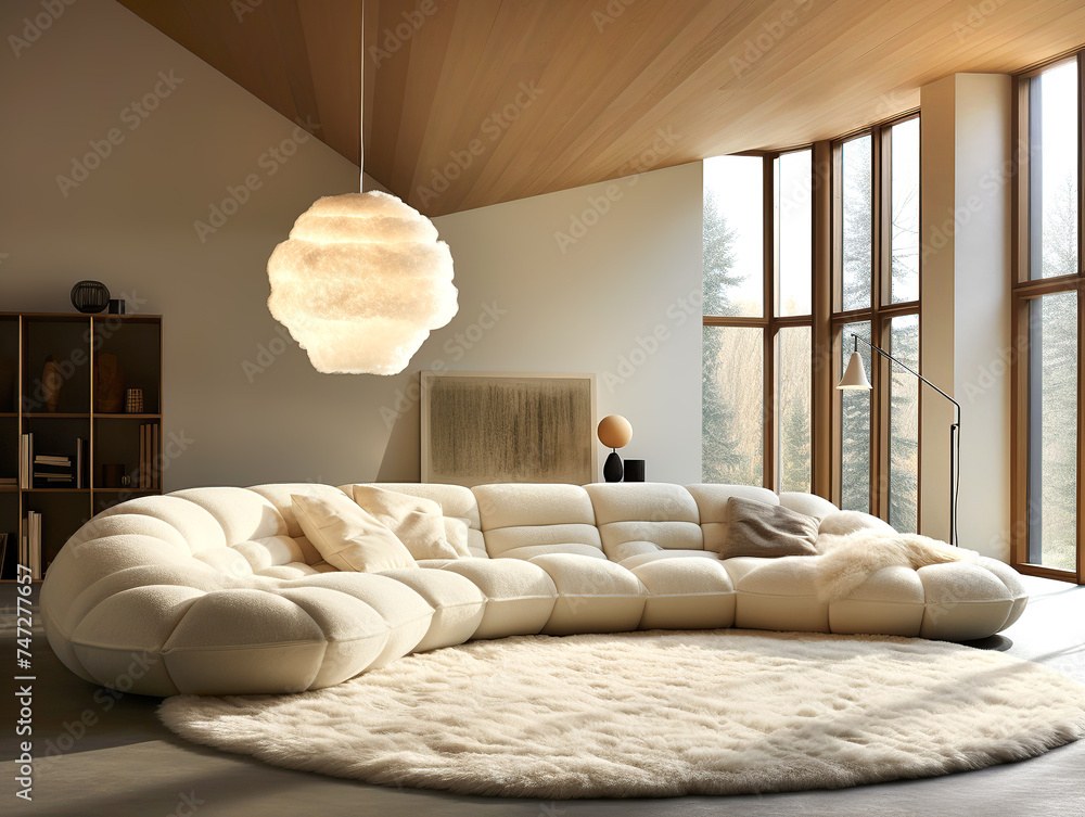 Puffy curved sofa in spacious room. Minimalist home interior design of ...