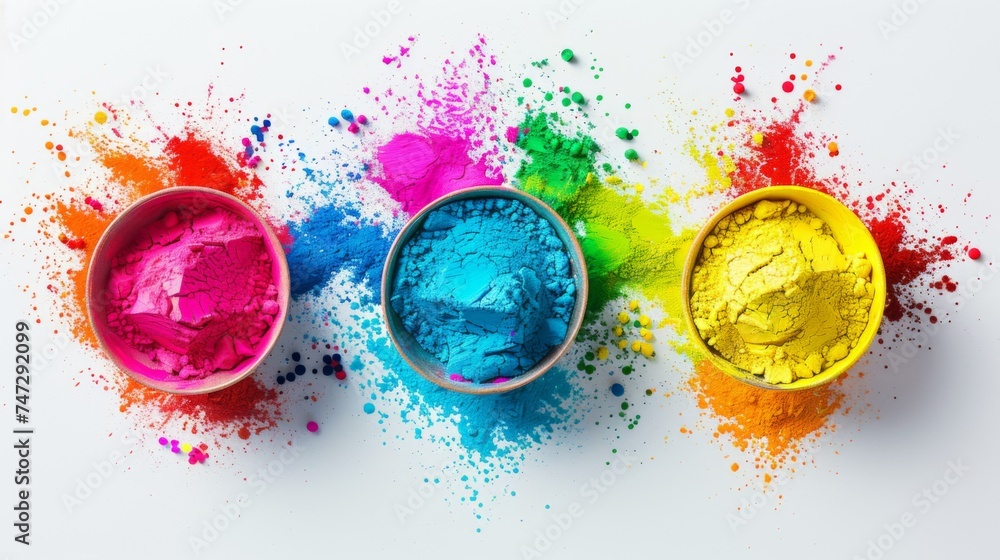 Holi top view of colorful rainbow colors in pots with Splash. Concept ...