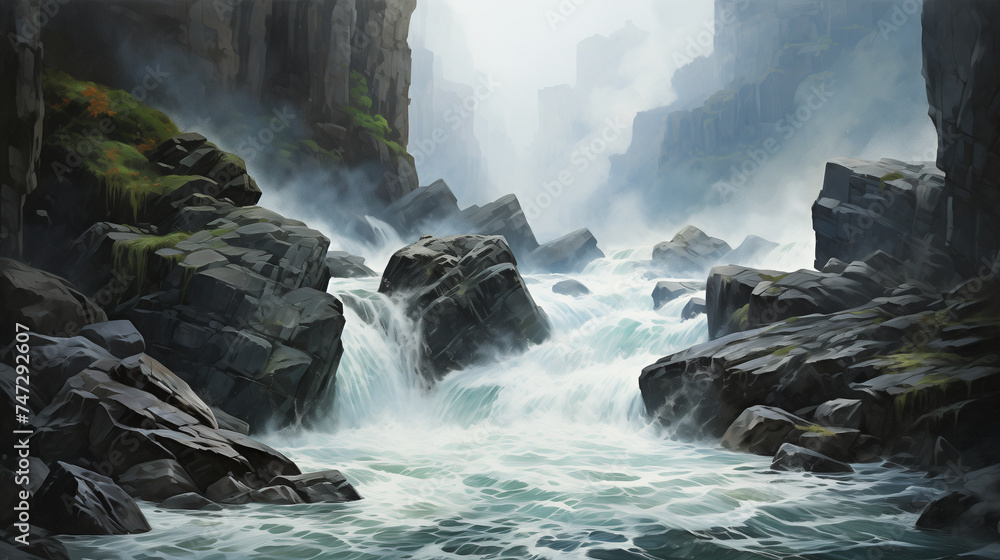 Powerful water rapids rush through a rugged rocky gorge, with mist rising amidst the sheer cliff ...