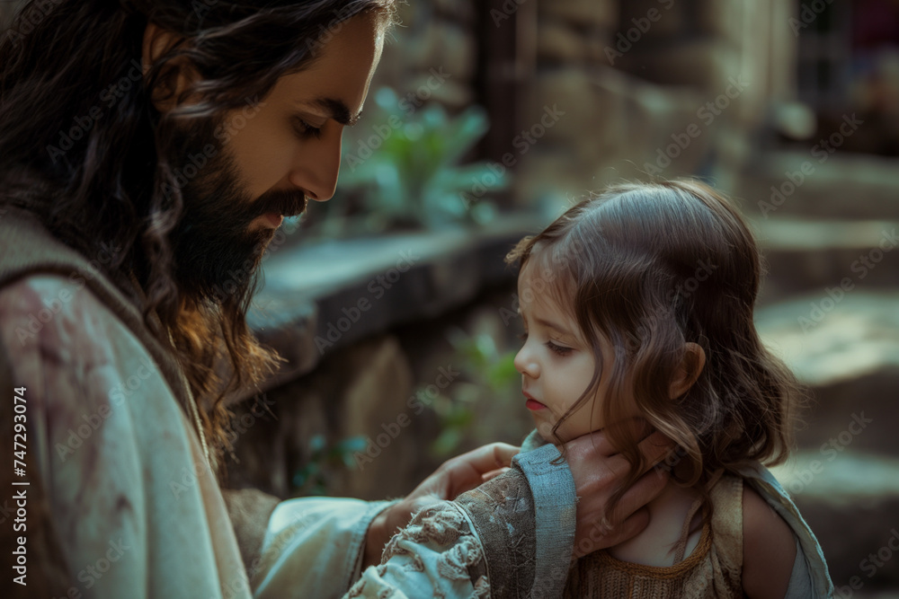 Christ healing young child girl. Miracles of Jesus concept. Jesus ...