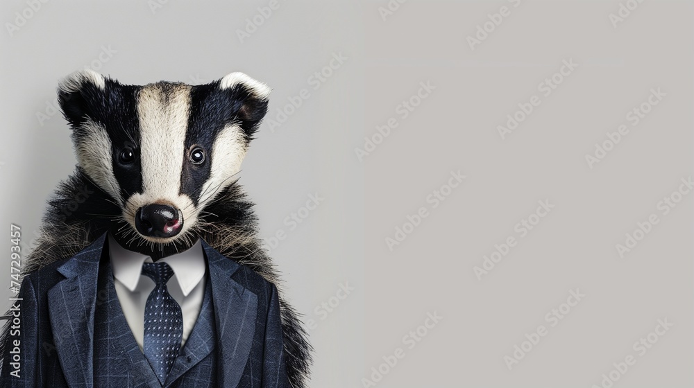 a badger wearing a suit with a tie on a plain white background on the ...