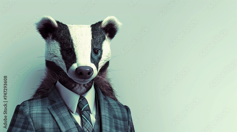 a badger wearing a suit with a tie on a plain white background on the ...