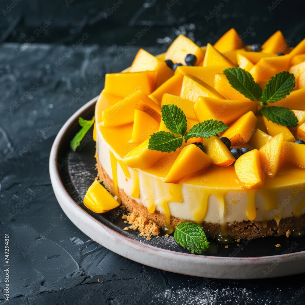 mango cheesecake decorated with mango chunks and mint leaves on a cake ...