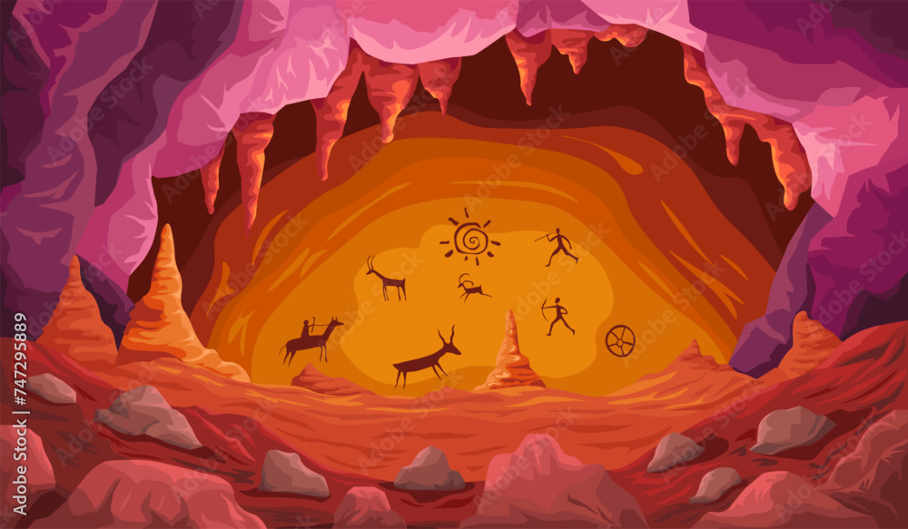 Cave rock art. Prehistoric human primitive drawing on stone wall ...