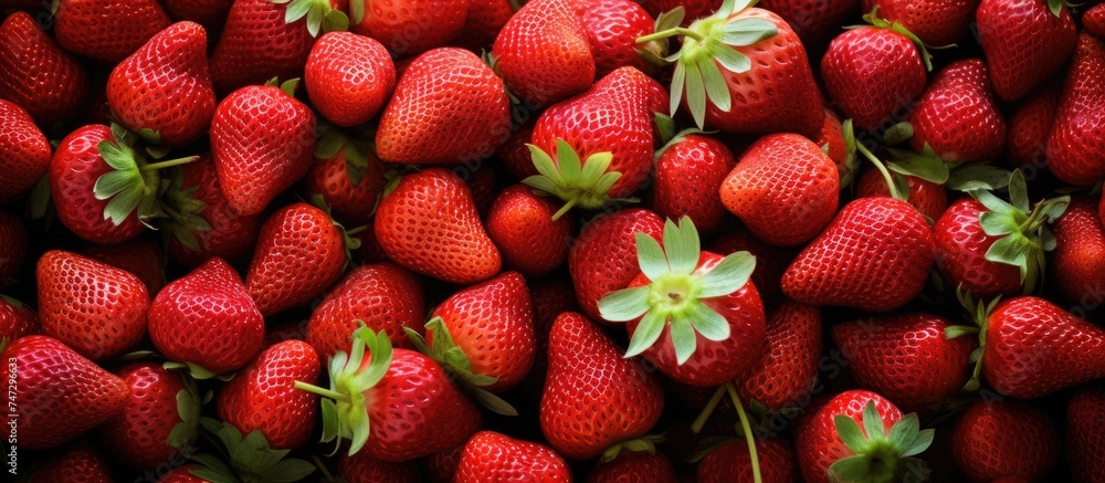 A cluster of vibrant red strawberries are tightly packed together ...