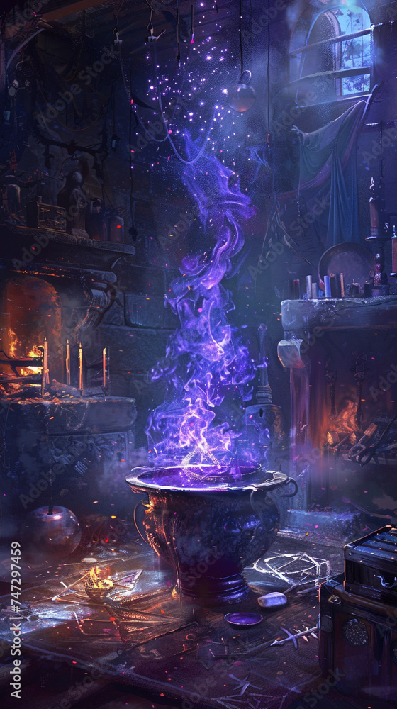 Witchs lair bubbling cauldron and arcane symbols the air thick with the ...