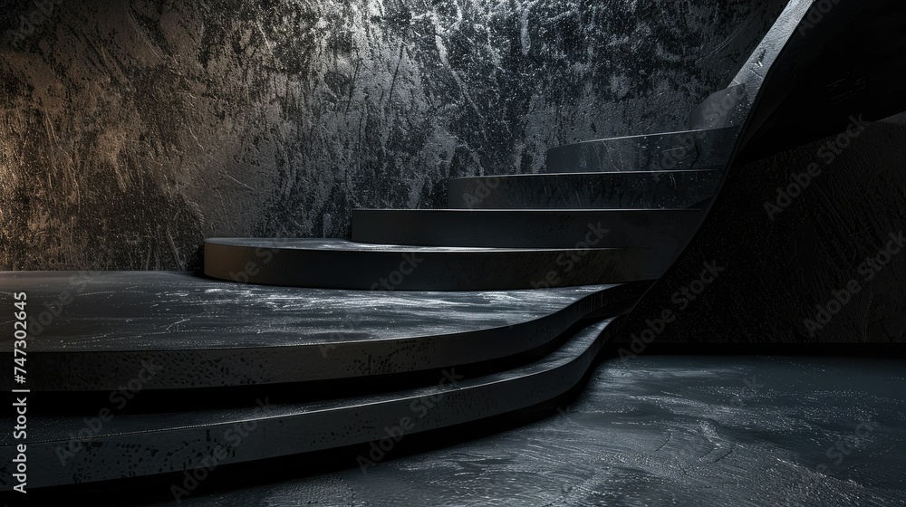 3D rendering of a dark and mysterious room with a curved staircase. The ...