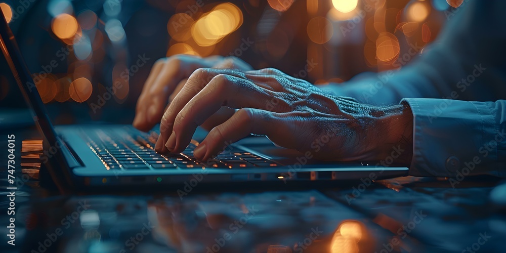 Hands typing rapidly on laptop keyboard focus on fingers and keys ...