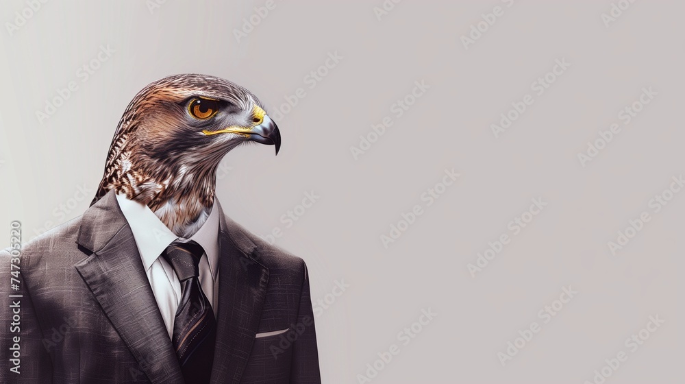a hawk wearing a suit with a tie on a plain white background on the ...