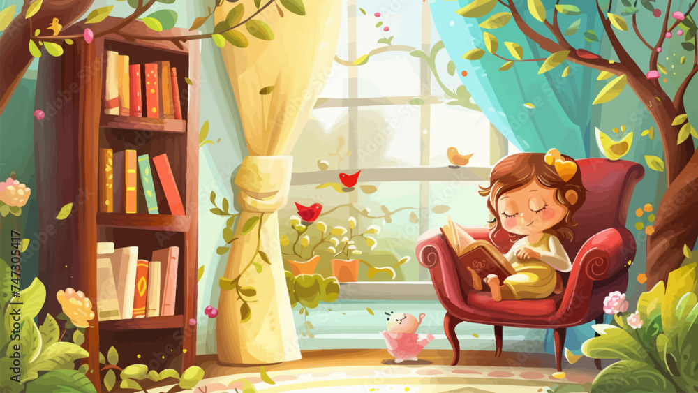 Cute girl reading book sitting on a sofa. Beautiful landscape for ...