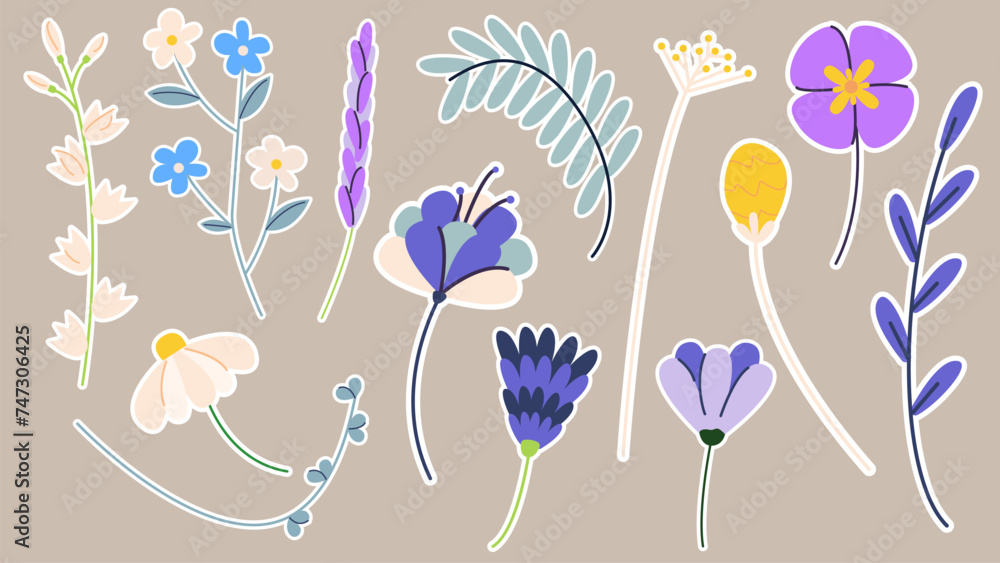 Flat vector illustration set of sticker colors. Spring wildflower ...