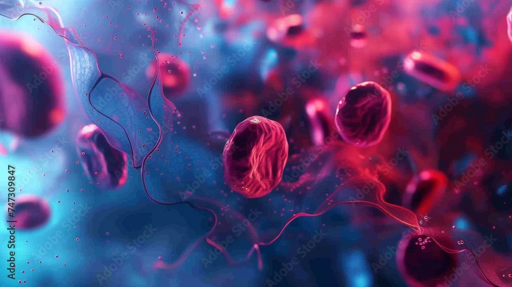 Abstract red and blue blood cells closeup - Vibrant digital ...