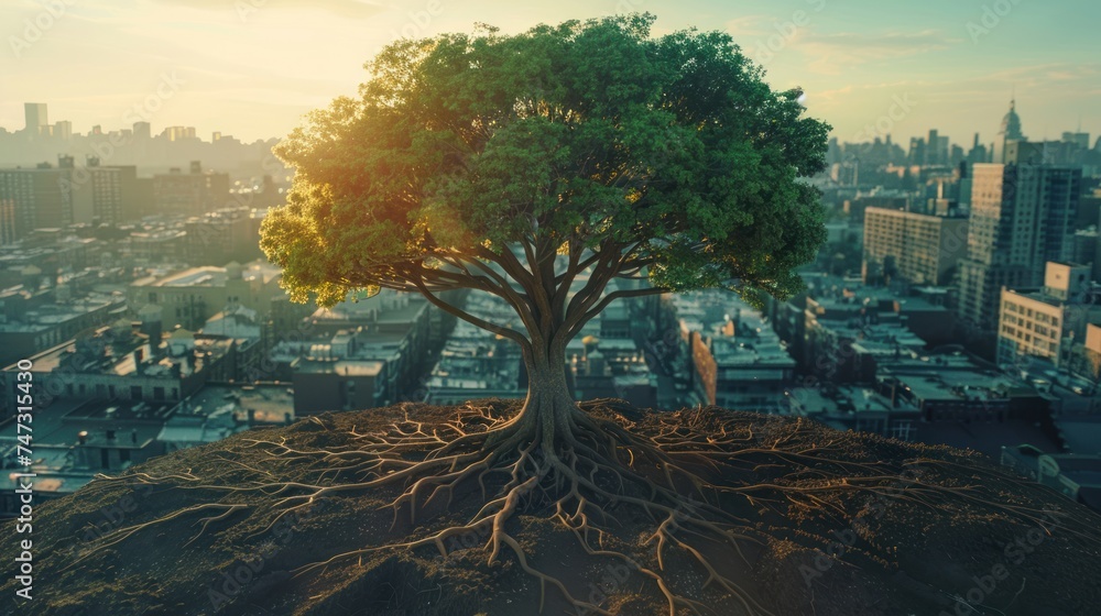 Tree Amidst the Cityscape. In the Bustling Metropolis, Nature Finds Its ...