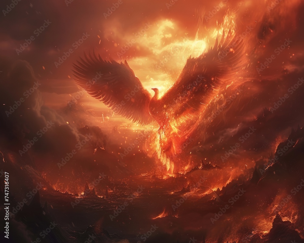 Flight of the Phoenix. Blaze of Fire Against Night Sky. With Wings ...