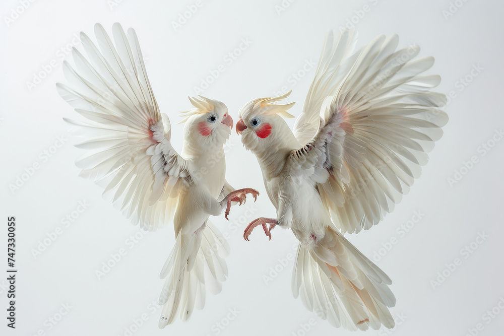 Two cockatiels mirroring each other in flight, with their wings spread ...