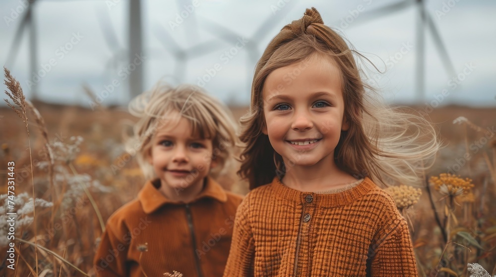 Children playing with the wind near a wind turbine. Sustainable climate ...