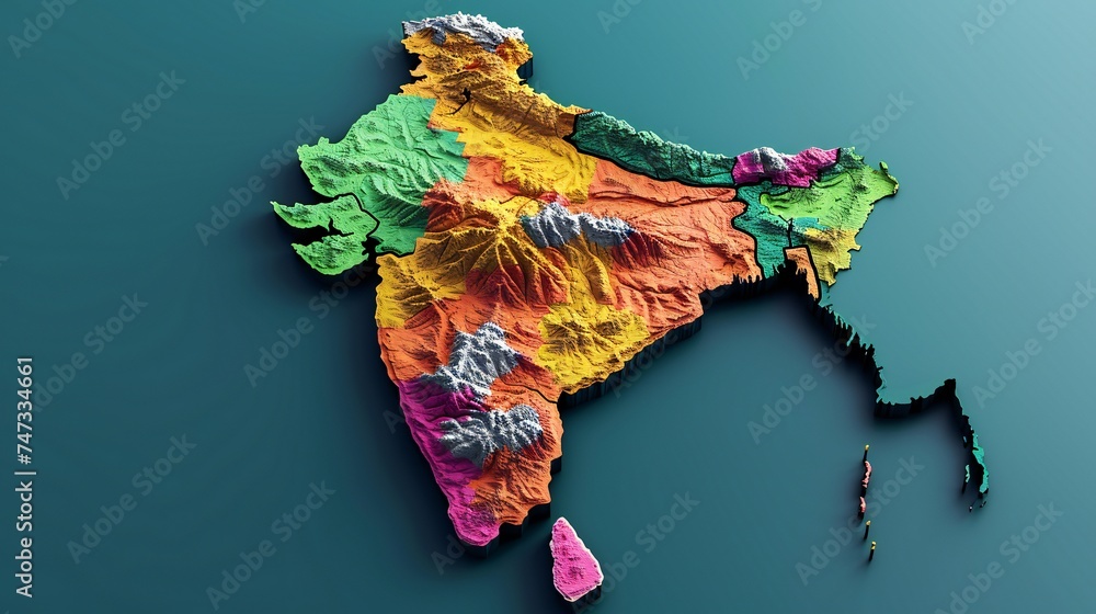 Vibrant 3D Topographical Map of India in Bright, Assorted Colors Stock ...