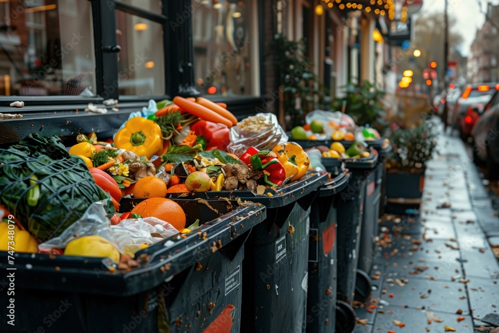 Overflowing garbage bins with fruits and vegetables on city street ...