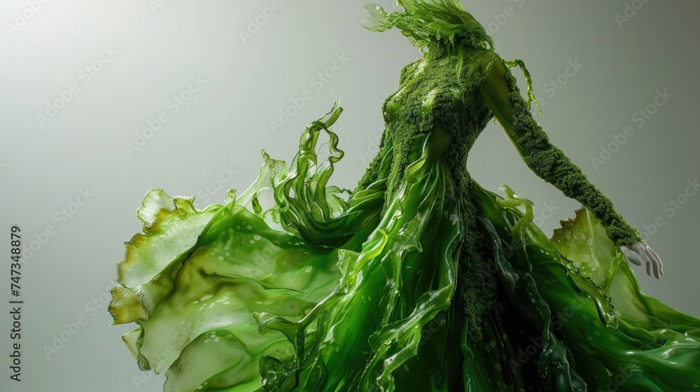 Green gown with intricate leafy designs, evoking a natural, organic ...