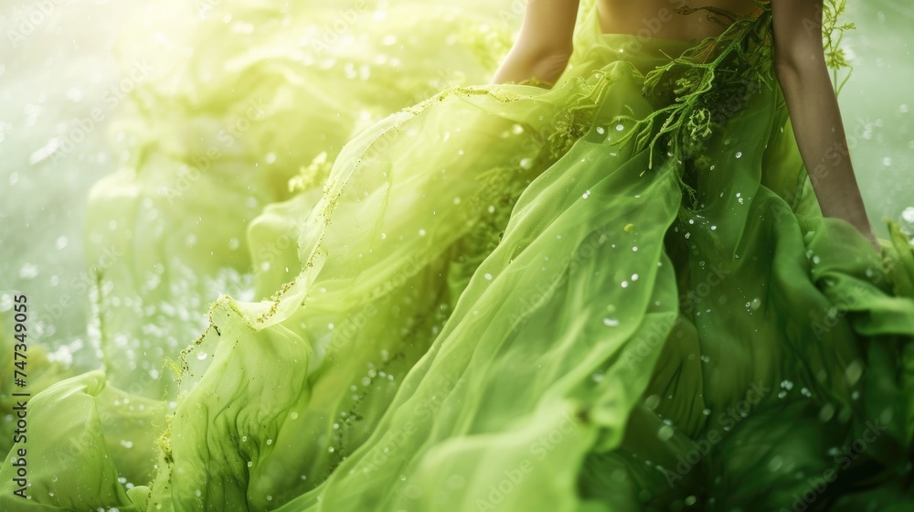 Green gown with intricate leafy designs, evoking a natural, organic ...