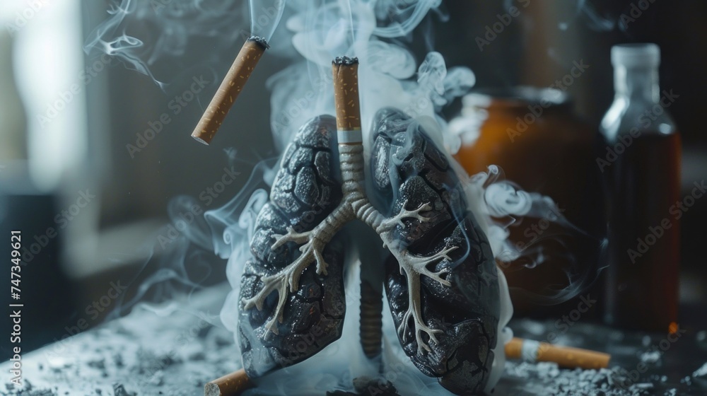 black lungs with cigarette entrance. concept of smoking, toxic, cancer ...