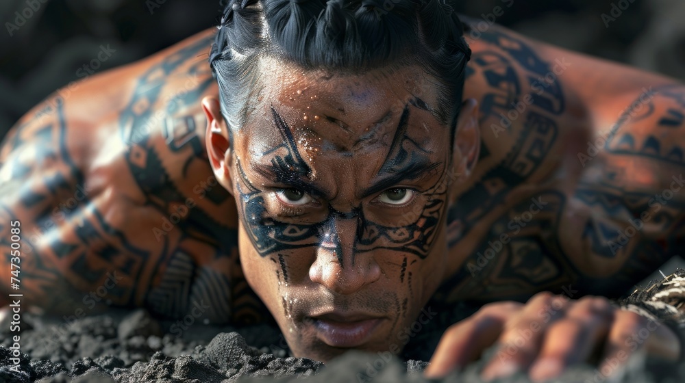 A Maori warrior displays his agility as he crawls on all fours his face ...