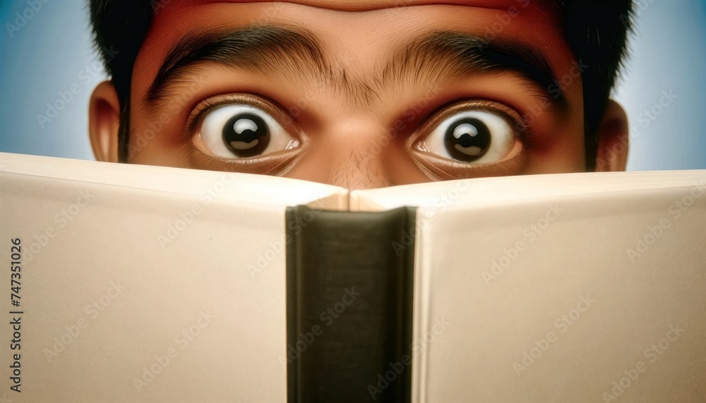 Curious eyes peek over an open book, embodying sneakiness and intrigue ...