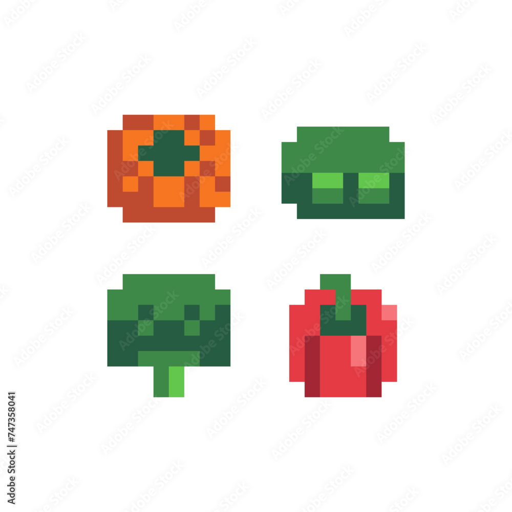 Vegetables pixel art icons set, broccoli, bell pepper, green peas and ...