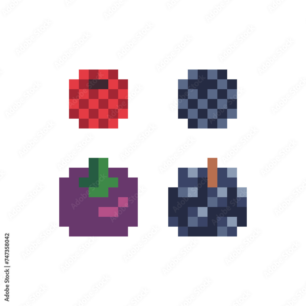 Berries pixel art icons set, raspberry and blueberry. Design for ...