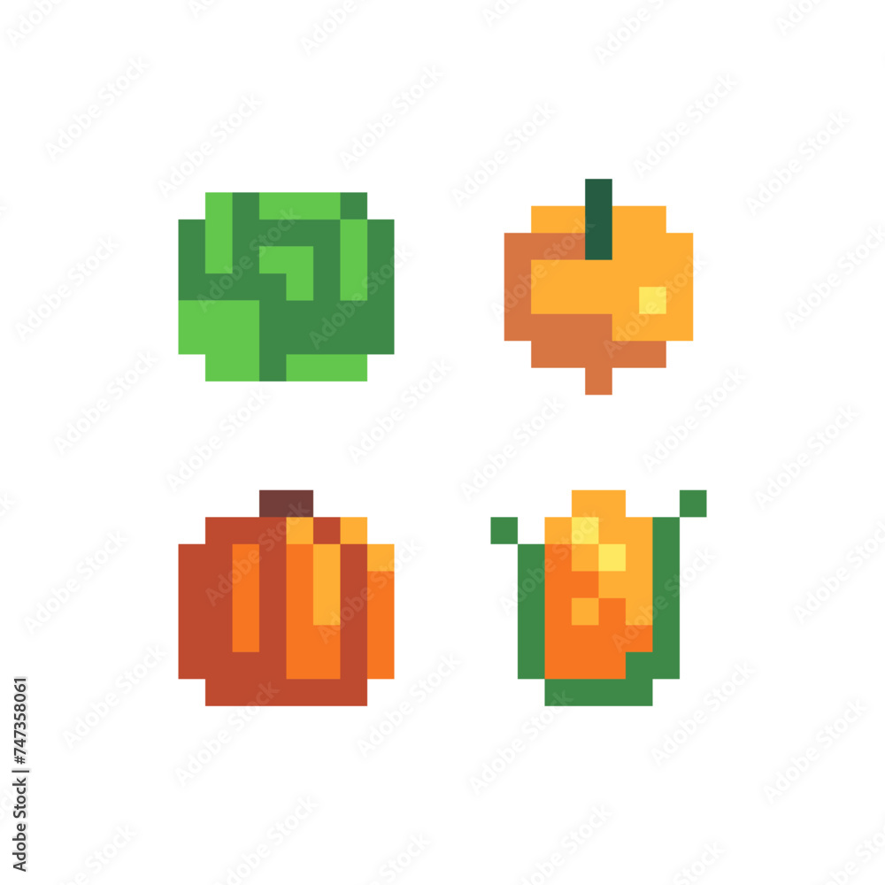 Vegetables pixel art icons set, empty, radish, corn and pumpkin, vector ...