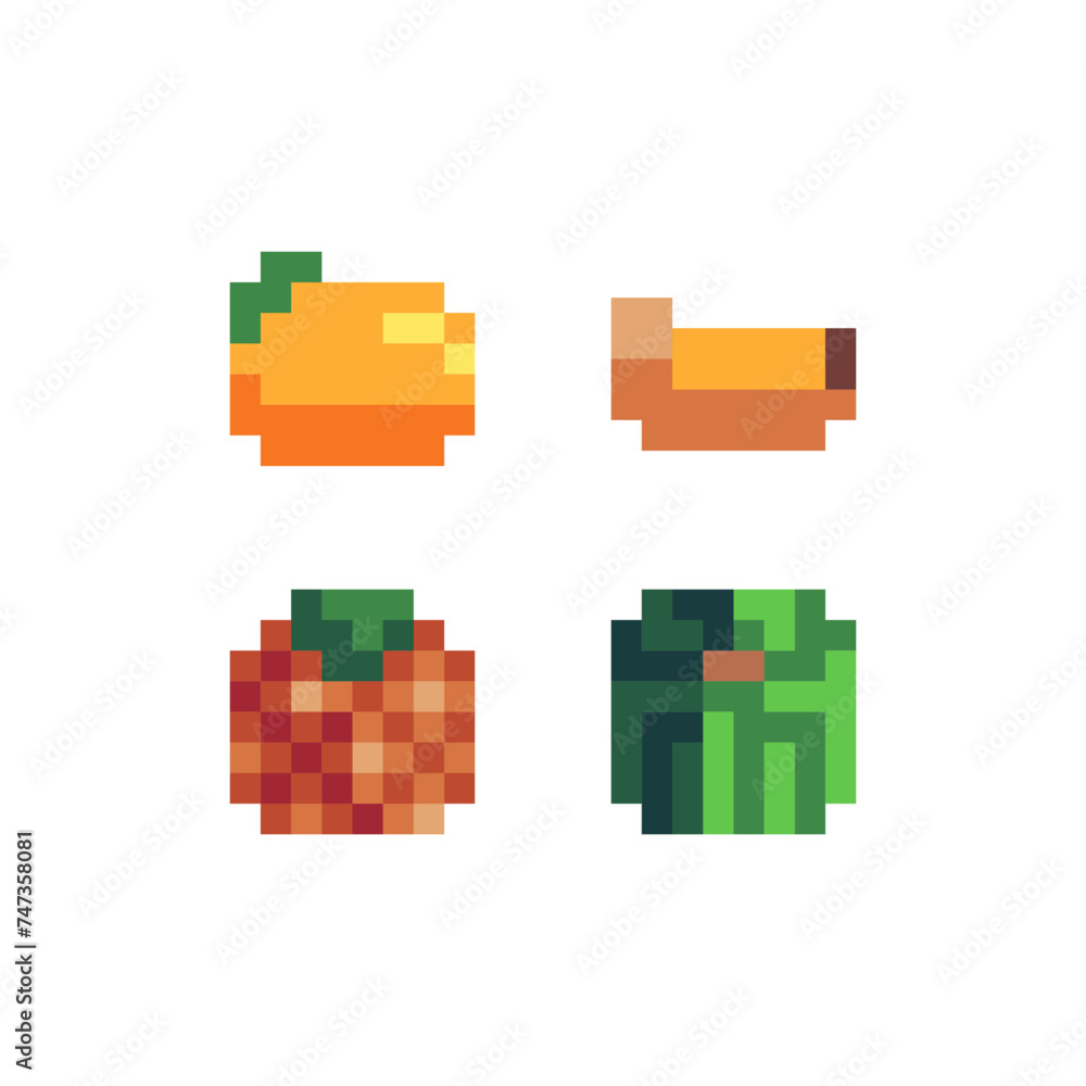 Tropical fruit pixel art icons set, mango, banana, pineapple and ...