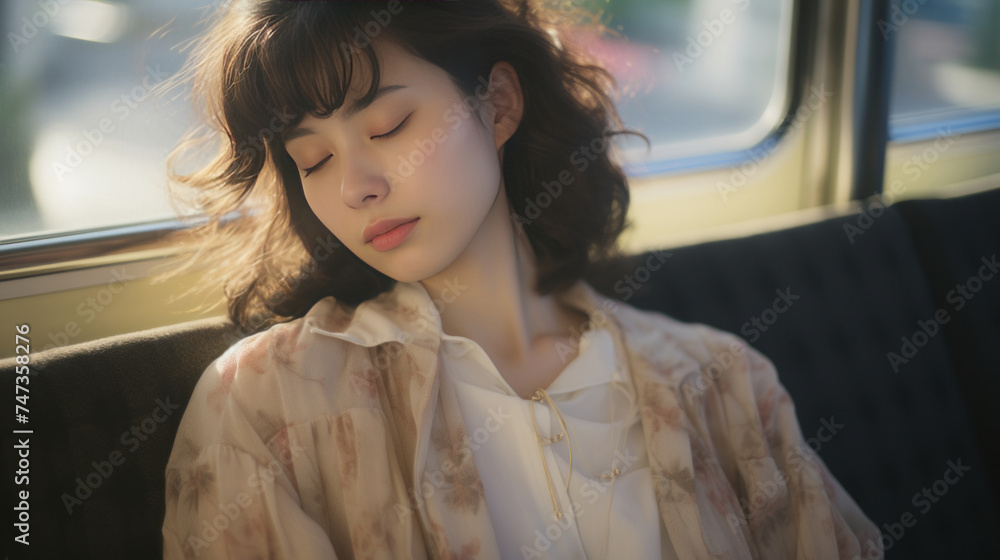 A tired woman who fell asleep right on the bus leaned against the glass ...