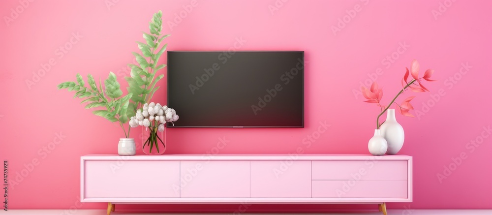 A pink living room featuring a flat screen TV mounted on a TV cabinet ...