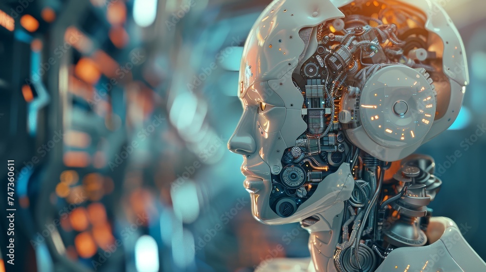 A 3D rendering artificial intelligence research project of a robot and ...