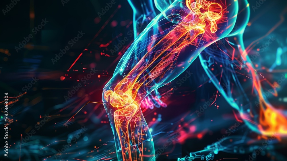 A highly detailed medical illustration of a knee joint in motion ...