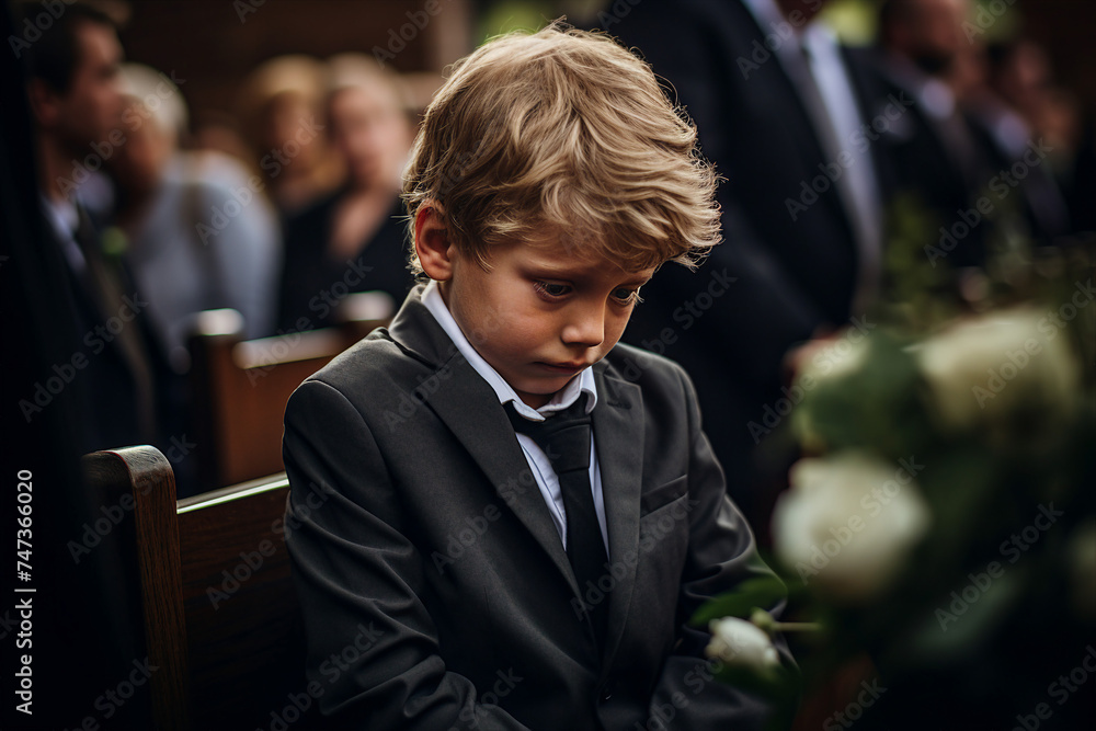 AI generative image scene of sad crying little boy at funeral ceremony ...