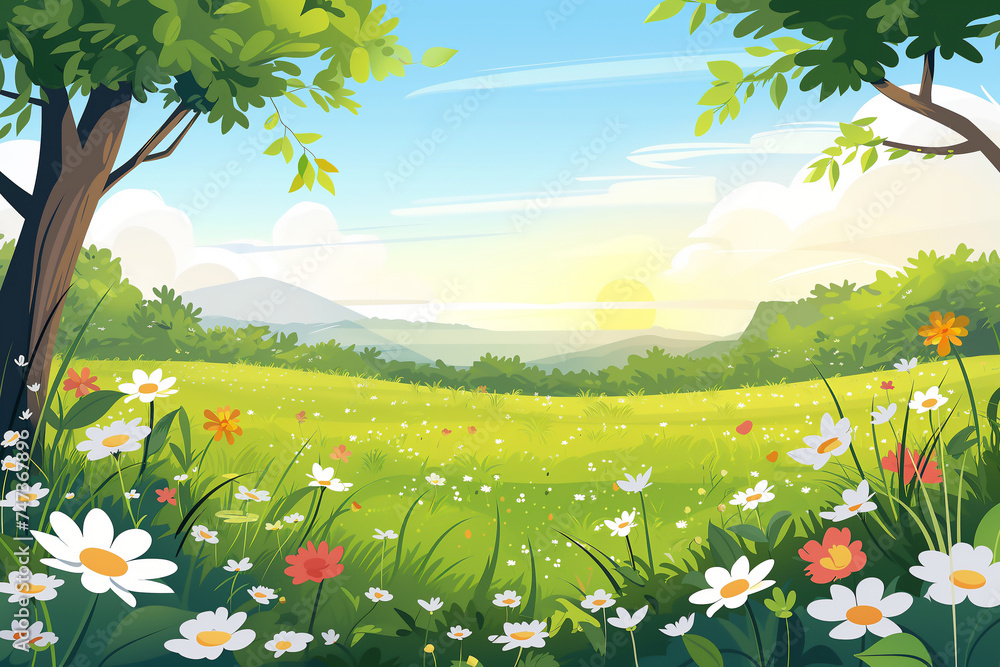Cartoon meadow spring country meadow landscape background of a ...