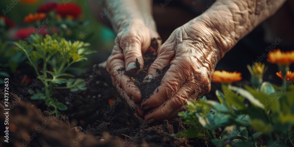 Grandma is picking at the soil in a flower bed. The hands of an old ...
