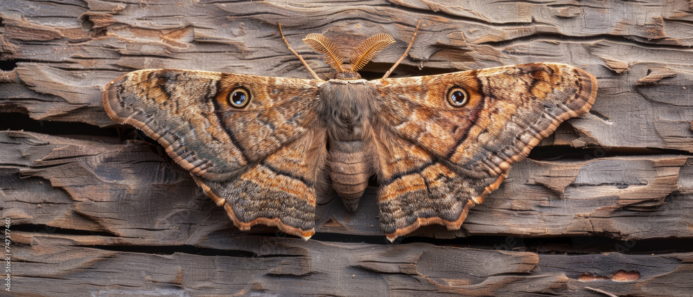 A detailed image of a moth resting on tree bark, showcasing its eye ...