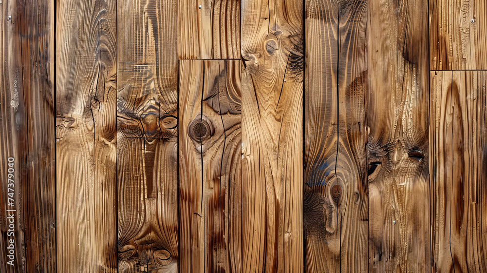 High-resolution image of aged pine wood panels with prominent knots and ...