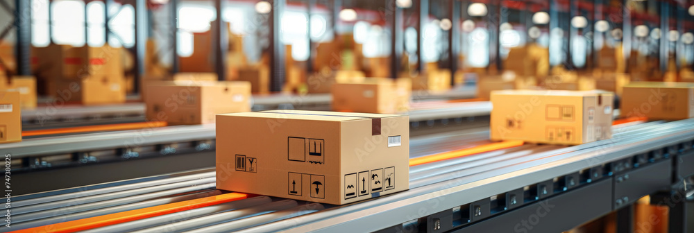 Automated production. Boxes are moving along conveyor. Conveyor in ...