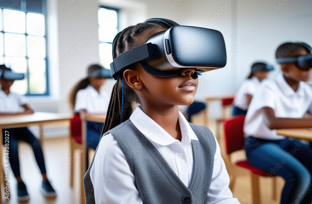 Smart curious schoolgirl pupil with VR glasses googles studying the ...