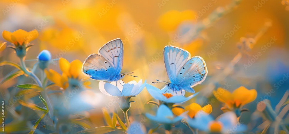 two blue butterflies hover over flowers, in the style of bokeh panorama ...