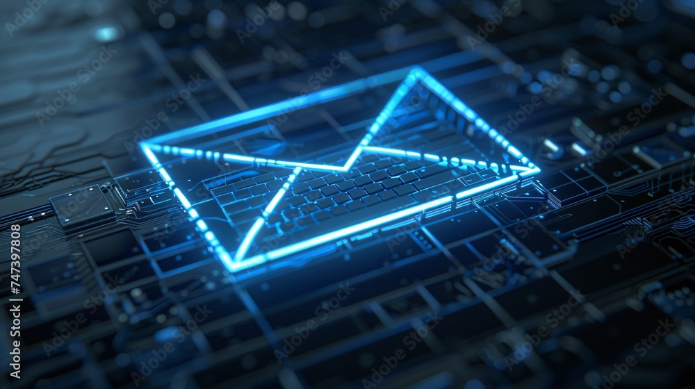 Virtual keyboard projection on a surface creating a blue light email ...