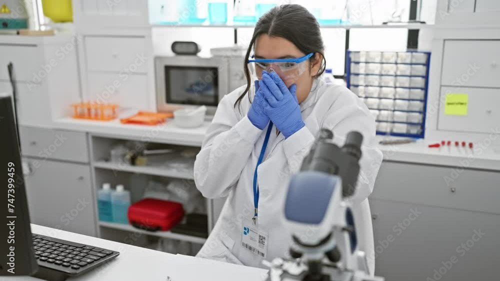 Shocked young hispanic woman scientist, covering her mouth with hands ...