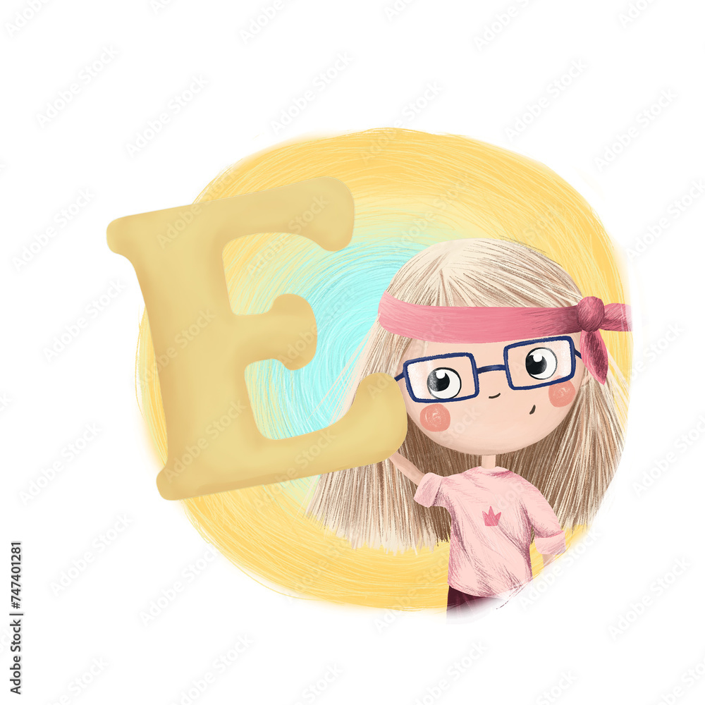 Cute little girl with letter E. Colorful cartoon graphics. Learn ...
