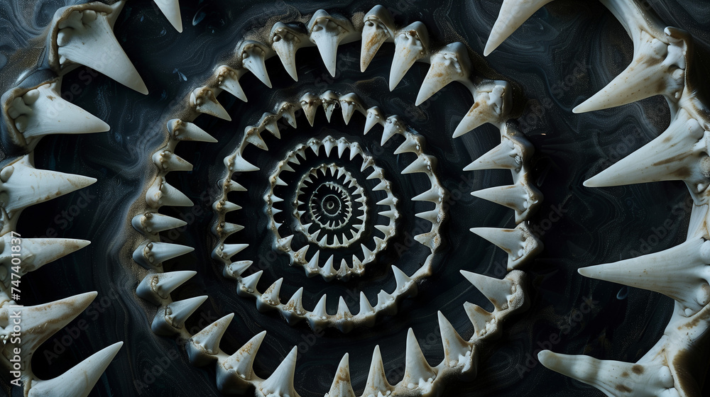 Artistic arrangement of shark teeth forming a spiral pattern, artistic ...
