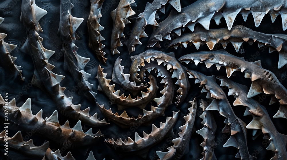 Artistic arrangement of shark teeth forming a spiral pattern, artistic ...