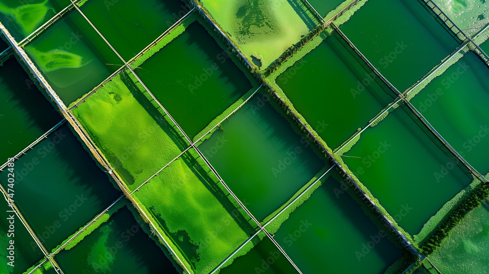 Spirulina algae farm, aerial view of cultivation ponds, vibrant green ...