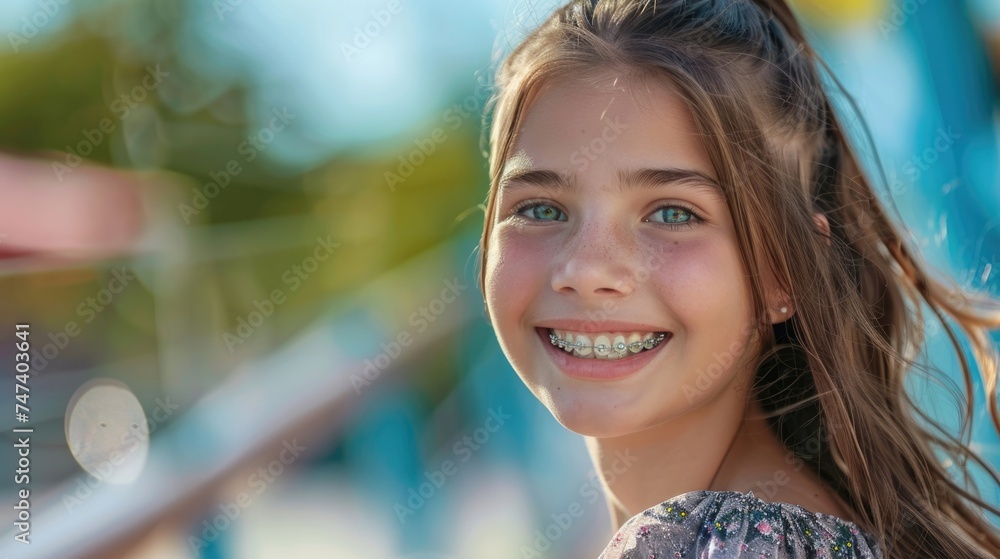 Beautiful girl wear metal ligature braces system. Orthodontic treatment ...